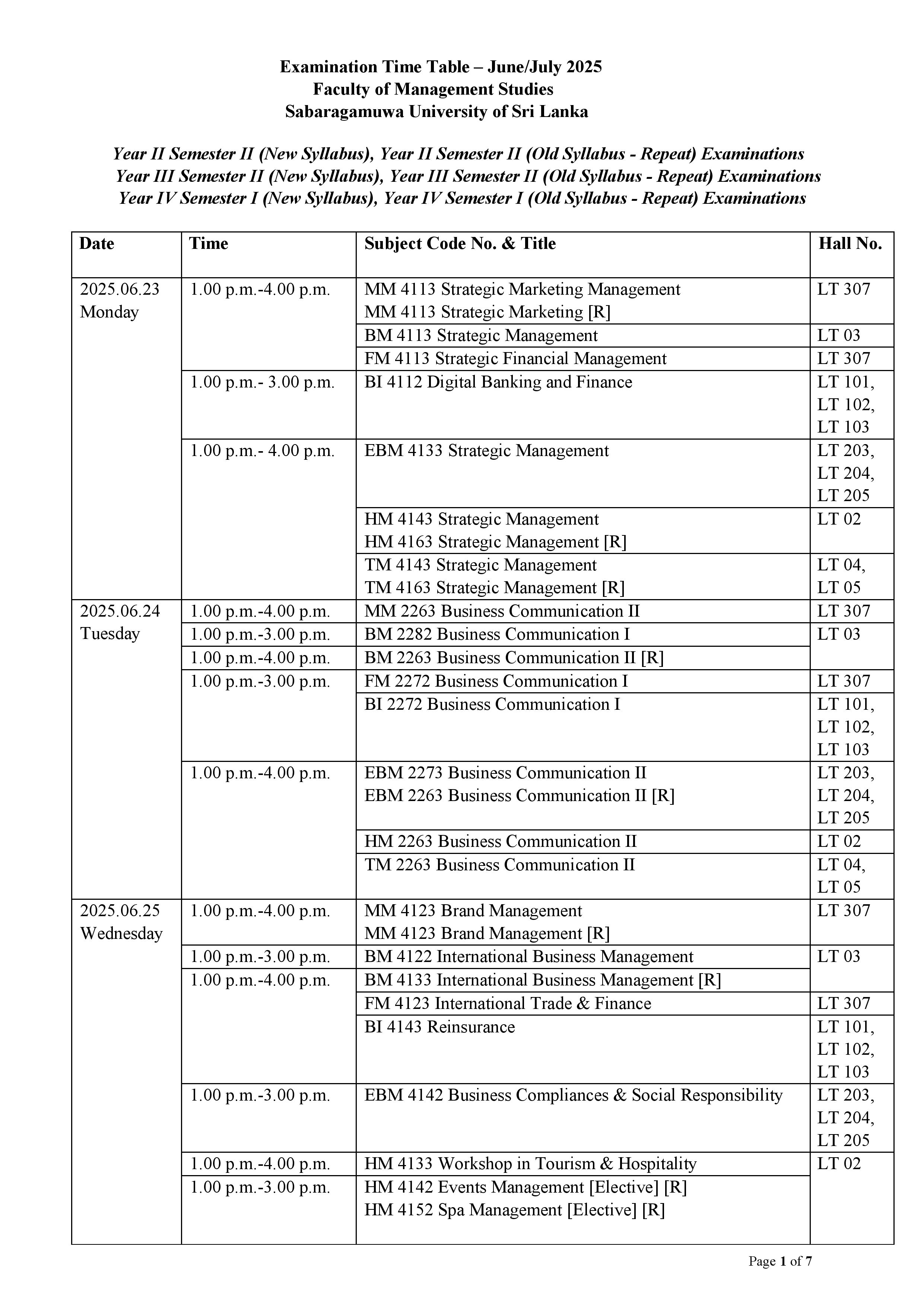 Examination Time Table – June/July 2025 | Faculty of Management Studies