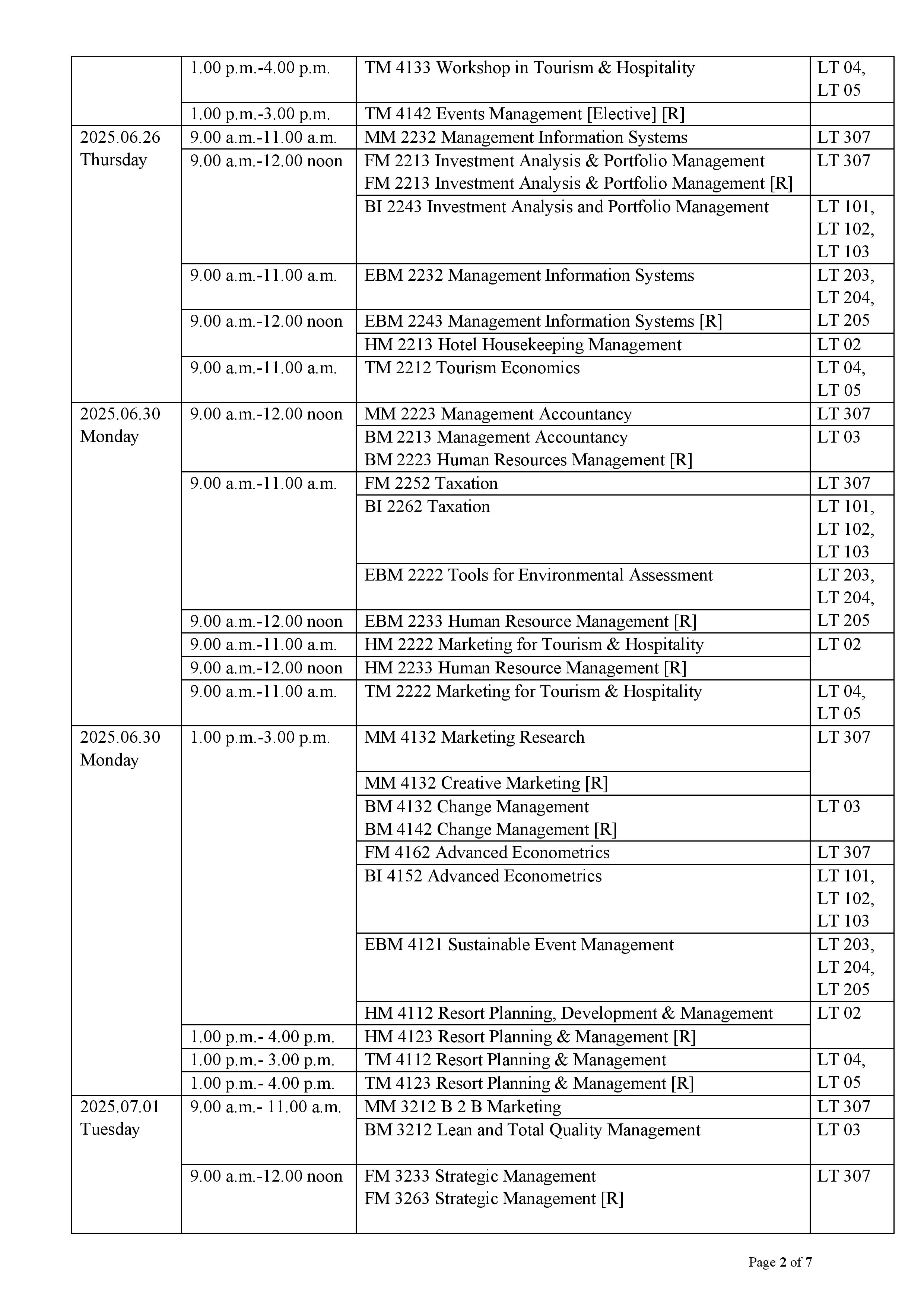 Examination Time Table – June/July 2025 | Faculty of Management Studies