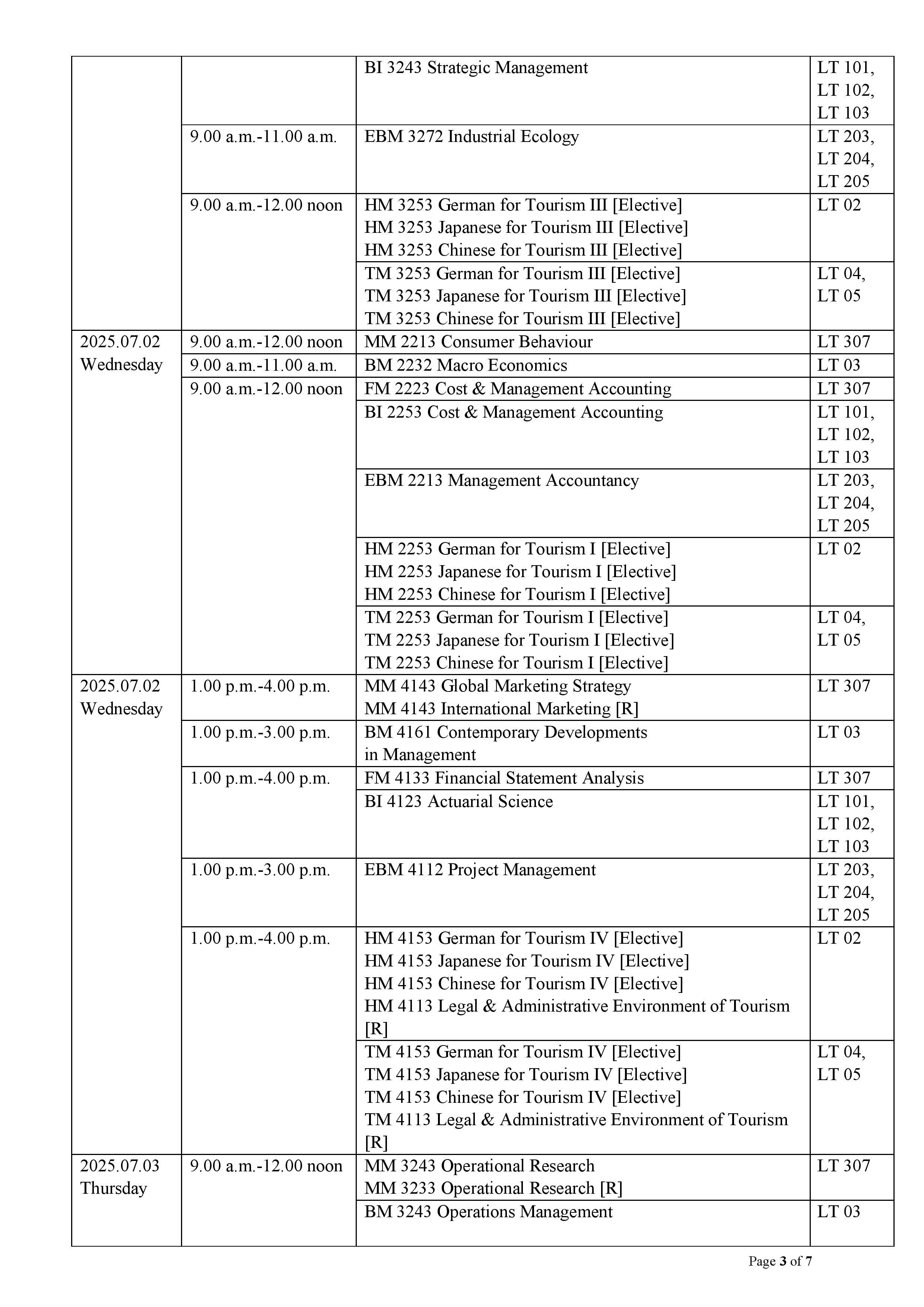 Examination Time Table – June/July 2025 | Faculty of Management Studies