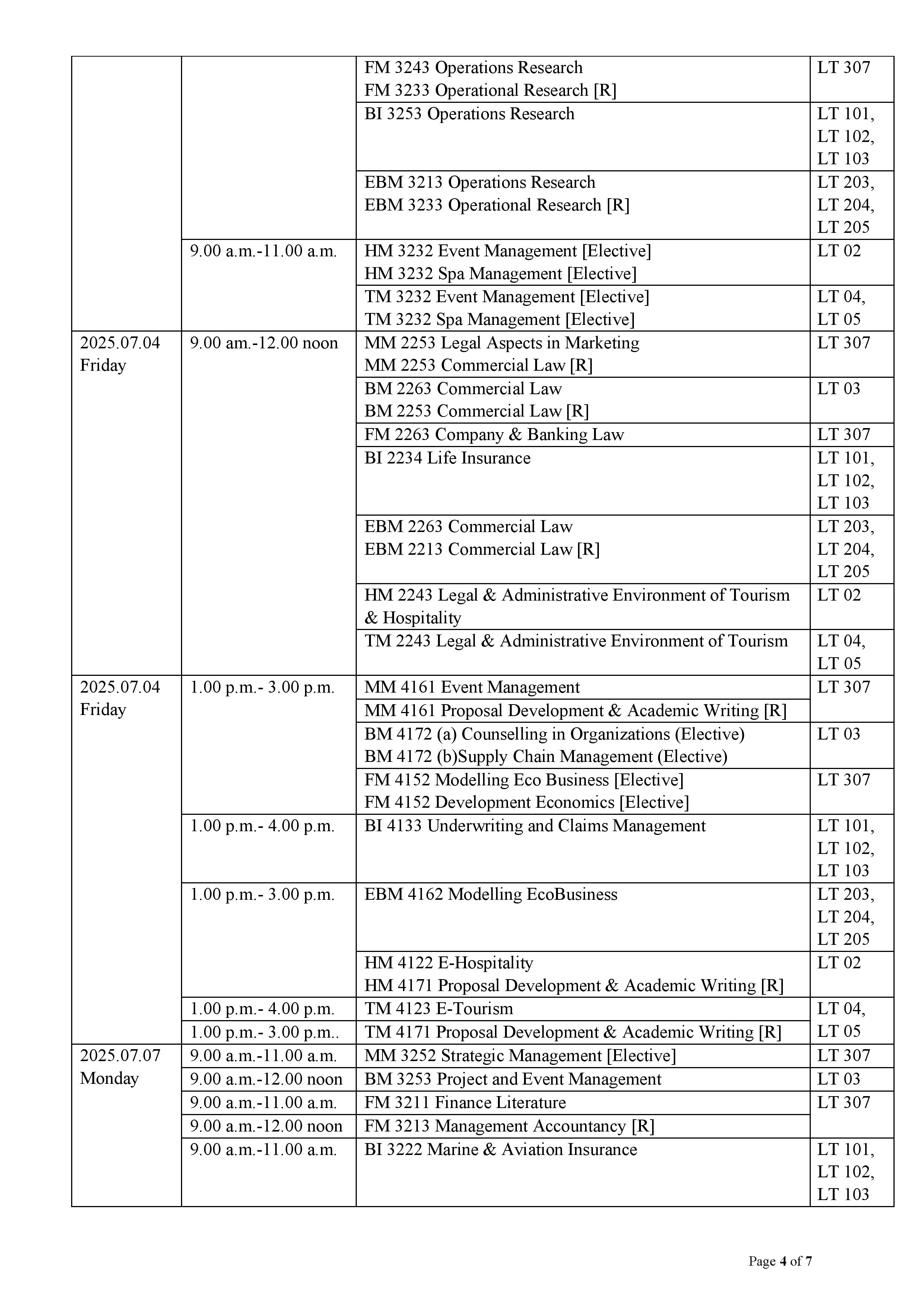 Examination Time Table – June/July 2025 | Faculty of Management Studies