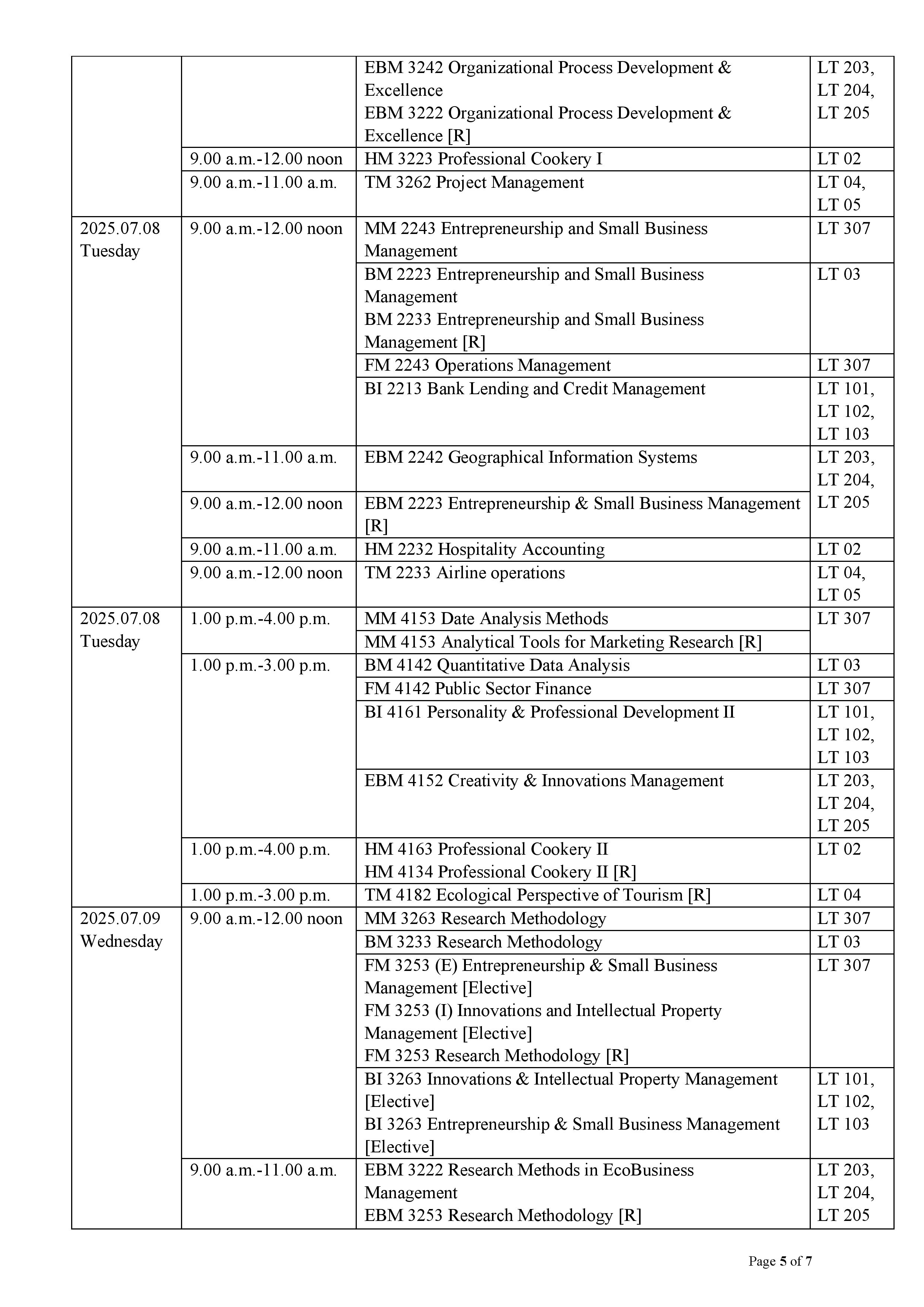 Examination Time Table – June/July 2025 | Faculty of Management Studies