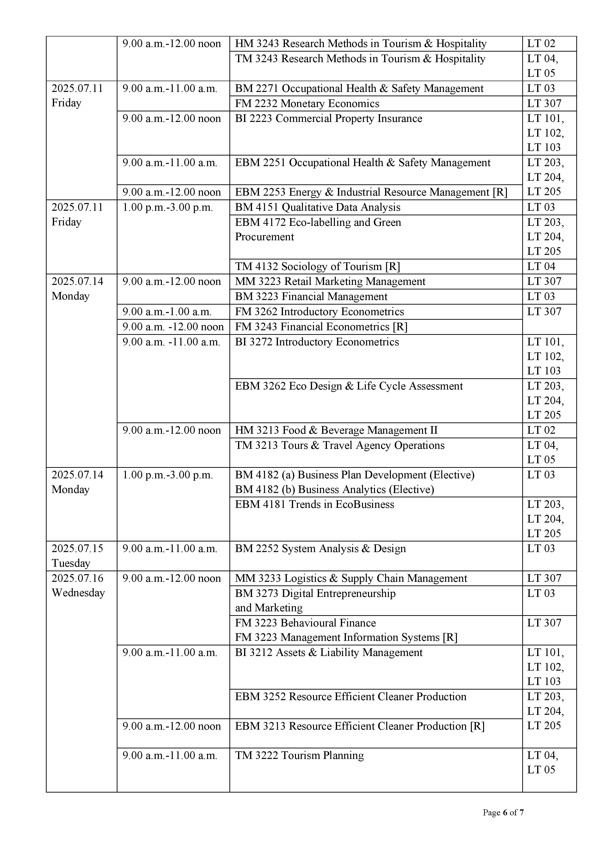 Examination Time Table – June/July 2025 | Faculty of Management Studies