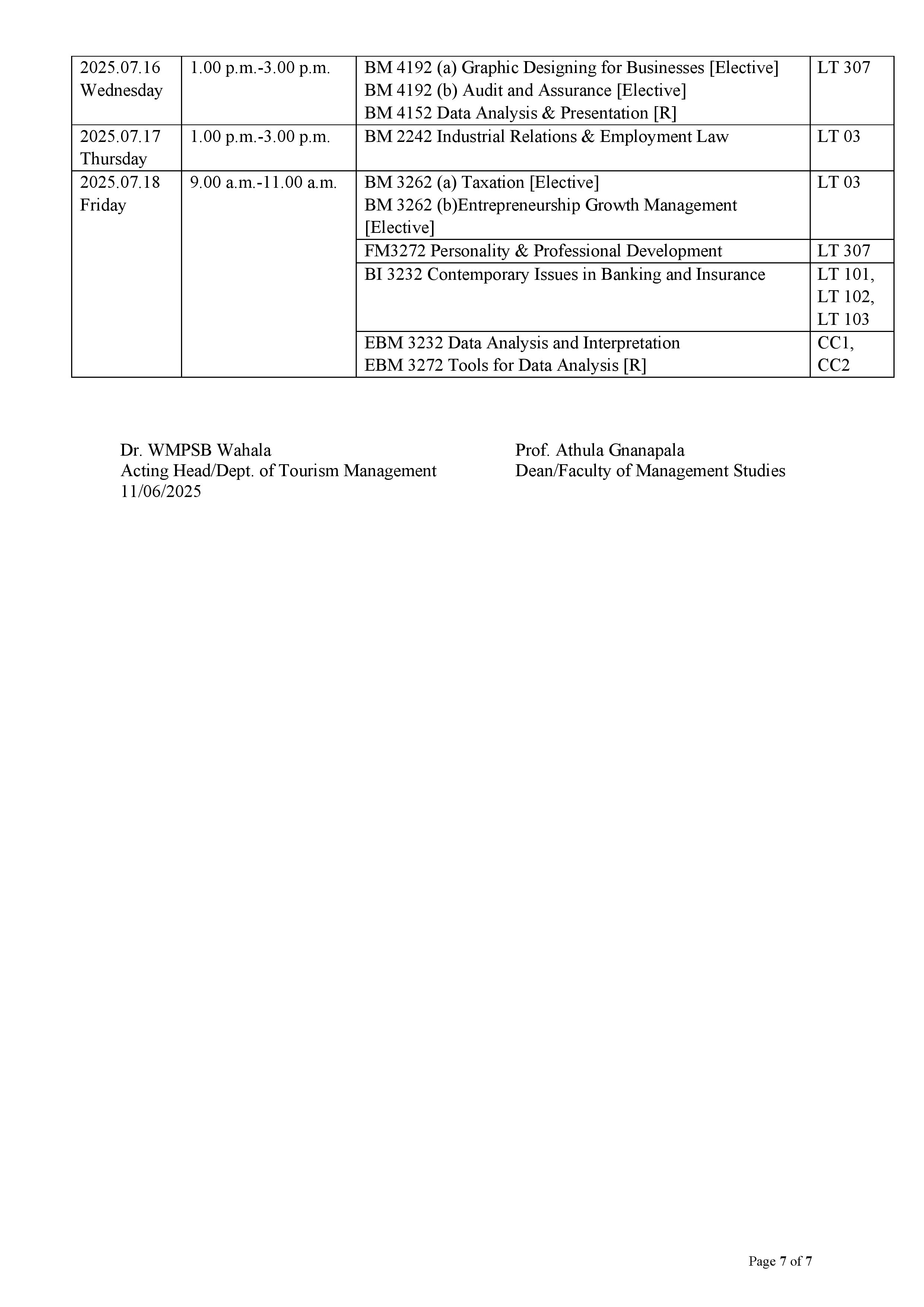 Examination Time Table – June/July 2025 | Faculty of Management Studies